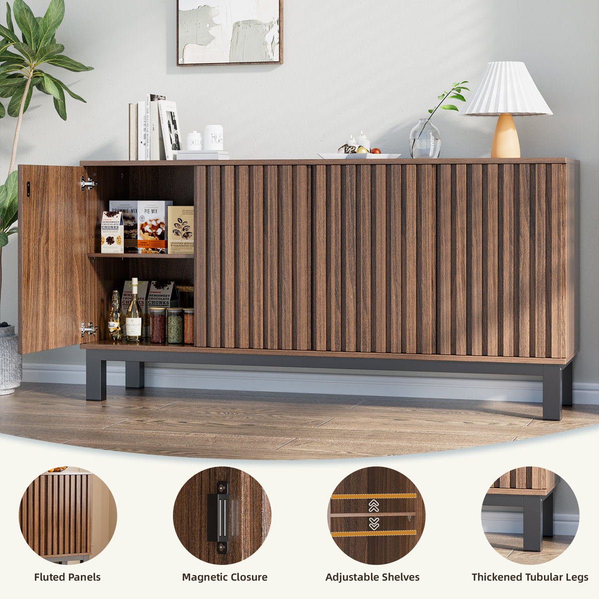 PPorfamilia 63" Buffet Cabinet With Storage, Large Sideboard Kitchen Cabinet With 4 Fluted Doors ...